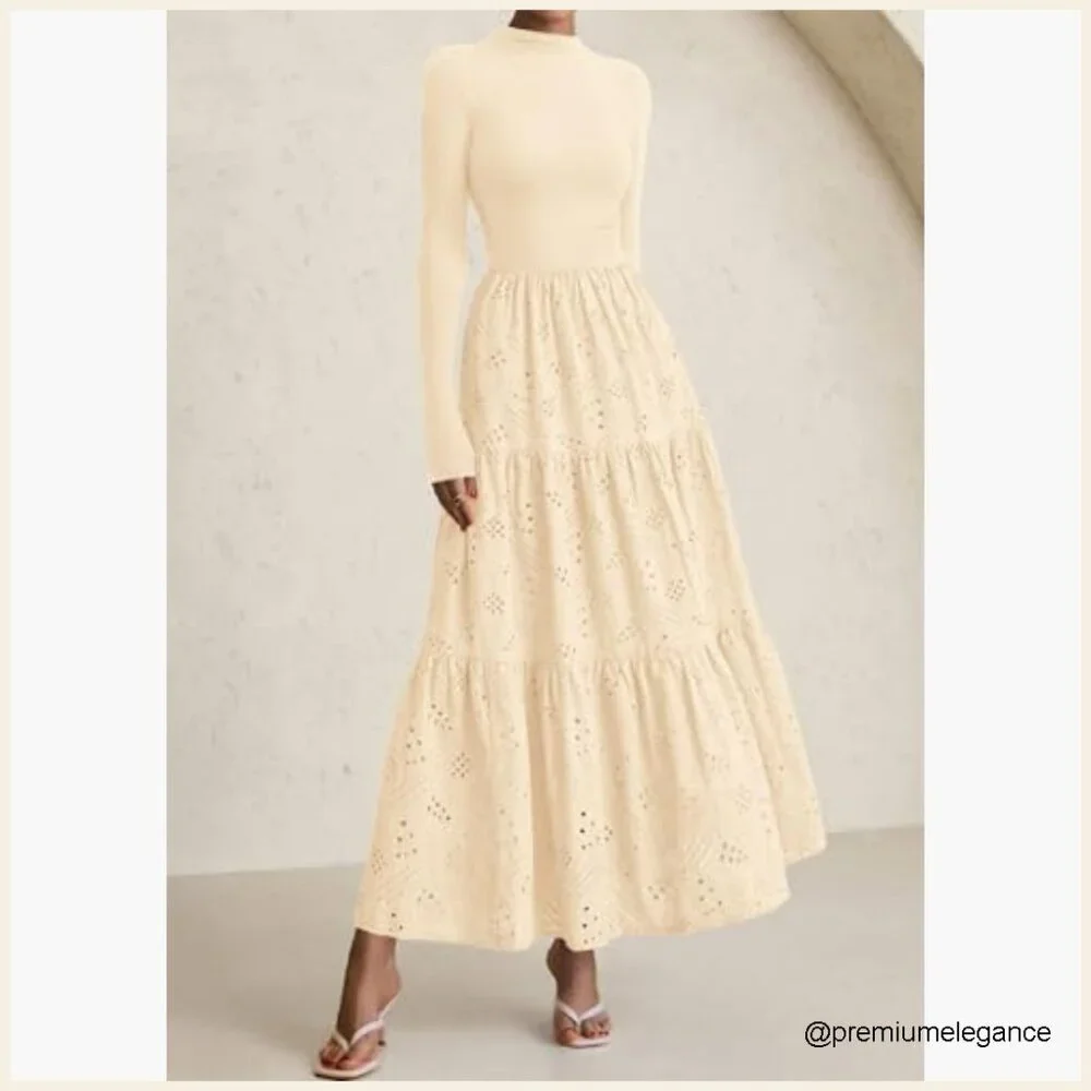 Dresses | Long Sleeve Maxi Dress Mock Neck Eyelet Embroidery Aline Boho ...
